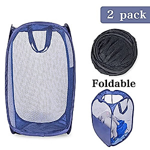 Pop-Up Laundry Hampers, Haxpecwl Foldable Laundry Baskets, 2 Pack Mesh Laundry Baskets with Side Pockets for Dirty Clothes, Toys Tidy Storage - Navy, Black