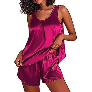Ekouaer Satin Pajama Set for Women Comfy Silk Sleeveless Sleepwear Tank Pjs Top with Shorts Summer Two Piece Nightwear (Rose Red,M)