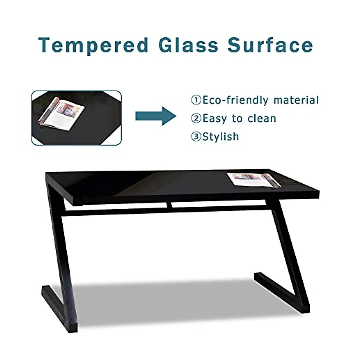 TY ARTS & CULTURE 55'' Z Shape Computer Desk Tempered Glass Table Modern Office Desk Gaming Desk Study Writing Desk Workstation for Home Office USB Accessory Attribute Multi Functional Black Desk