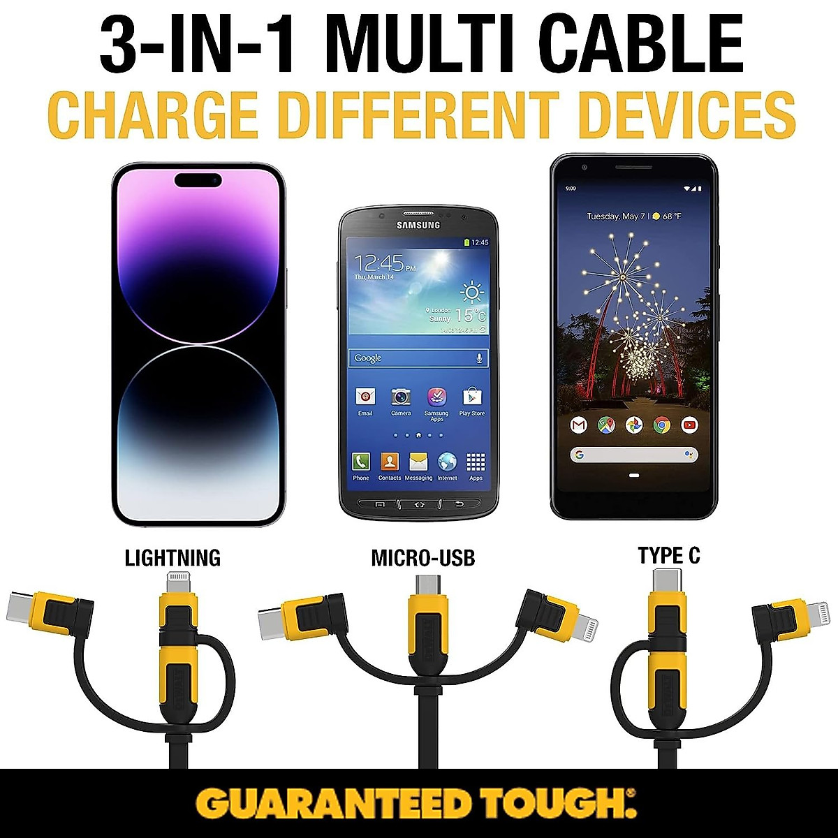 DEWALT 3 in 1 Retractable Multi Charging Cord, 3ft Fast Charger Cord, Multi Charger Adapter with Lightning/Type C/Micro USB Port for iPhones/Samsung Galaxy/PS/Tablets/More