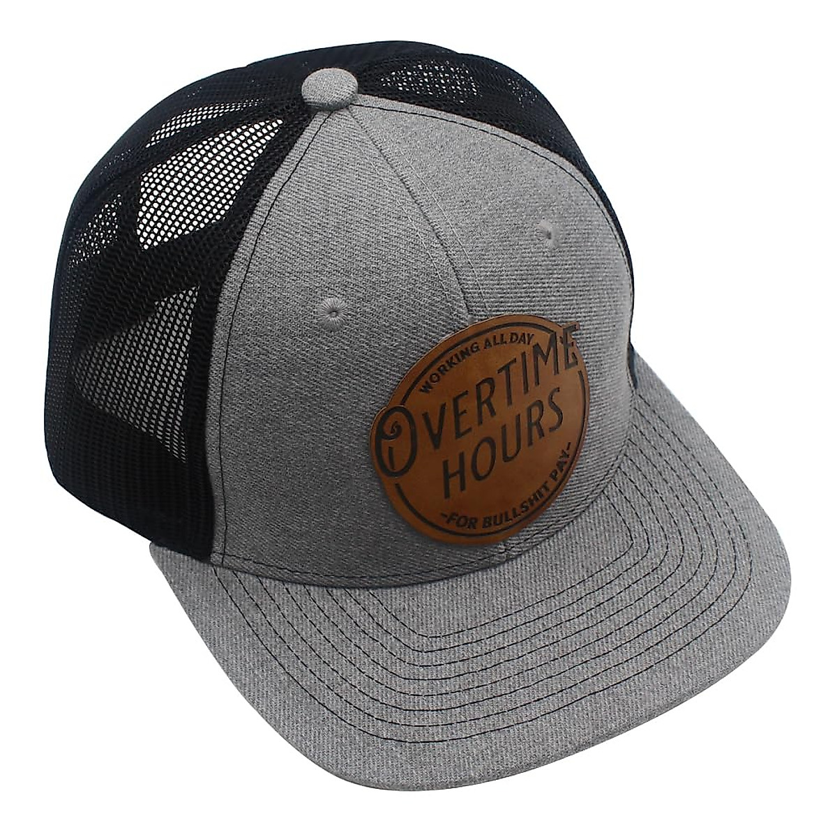 Eachnice Working All Day Overtime Hours for Bullsh!t Pay Leather Patch Trucker Hat Baseball Cap (Gray Black)