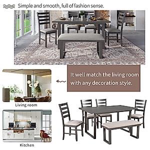 Rhomtree 6 Piece Dining Table Set with Bench, Wood Kitchen Table Set with Table and 4 Chairs, Family Furniture Set of 6 (Gray)