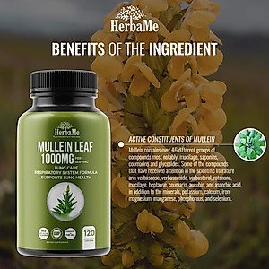 HerbaMe Mullein Leaf 1000mg, 120 Capsules, Lung Detox for Smokers, Lung Cleanse Supplement, Supports Respiratory Function Health, Promotes Mucous Membranes | Ear Health, Mucus Relief Herbal Pills