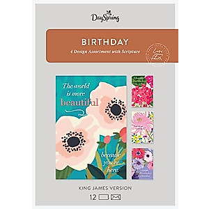DaySpring - Beautiful Birthday - 4 Design Assortment with Scripture - King James Version - 12 Birthday Boxed Cards and Envelopes (J5129)