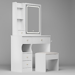 Elevon Small Makeup Vanity Desk with Sliding Mirror LED 3 Lighting Adjustable, Vanity Table Set with 5 Storage Drawer & Chair & Shelves Bedroom Furniture, White