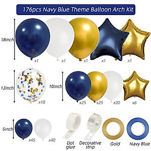 RUBFAC 176pcs Navy Blue Gold Balloons Arch Kit, Navy Blue Balloon Garland Metallic Gold White Confetti Balloon Foil Balloons for Baby Shower Birthday Party Wedding Anniversary Graduation Decoration
