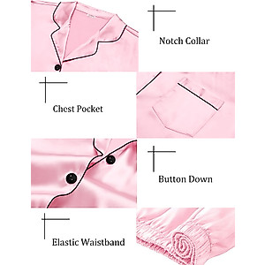 SWOMOG Women 4Pcs Silk Pajamas Set Button Down Sleepwear Loungewear Pj Sets for Ladies Nightwear Pink Small
