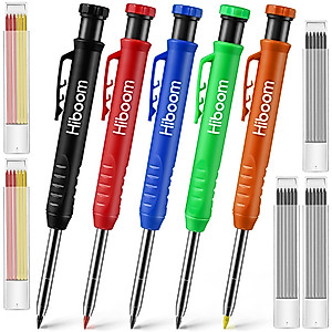 Hiboom Mechanical Carpenter Pencils with 30 Pcs 2.8mm Refills Replacement, Deep Hole Woodworking Maker with Built in Sharpener for Construction Woodworking Drafting Architect