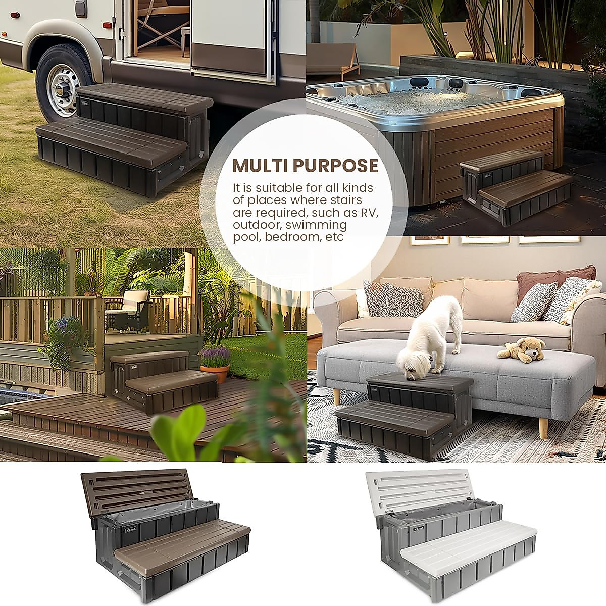 XtremepowerUS Universal 2 Slip-Resistant Spa & Hot Tub Step Outdoor Indoor Compartment Spa Step with Storage, Brown/Black