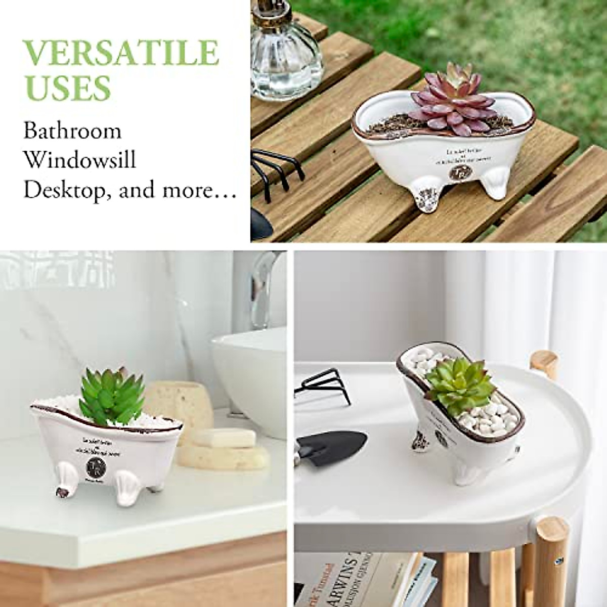 MyGift 6-Inch White Ceramic Indoor Plant Pot, Claw Foot Bathtub Mini Succulent Planter Pot, Petite French Country Bathroom Decor Soap Dish