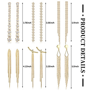 THUNARAZ 6Pairs Long Earrings for Women Dangling Drop Hypoallergenic Rhinestone Crystal Simple Sleek Statement Earrings in Gold or Silver Tone- Safe for Sensitive Ear