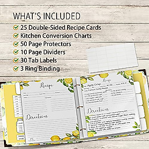Recipe Binder 8.5x11 3 Ring Kit - 25 Double-Sided Recipe Cards, 50 Plastic Page Protector Sleeves, 10 Dividers & Labels -Blank Cookbook Binders - Make Your Own Full Page Family Recipes Organizer Album