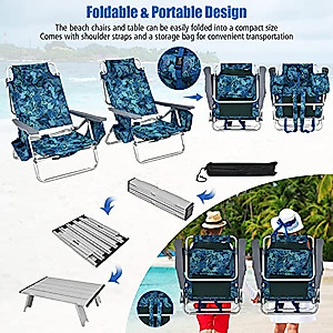BETTARY Backpack Beach Chairs Set, 5-Position Lawn Chair & Small Aluminum Table w/Cup Holder, Cooler Bag, Heavy Duty Lay Flat Folding Camping Chairs 3PCS for Fishing & Sunbathing