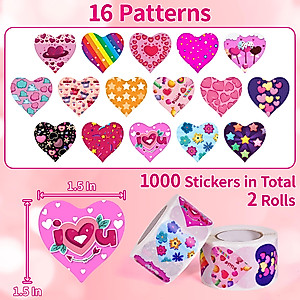 Fun Little Toys 1000PCS Valentine Heart Stickers for Kids, 1.5in Valentine's Day Colorful Red Love Decorative Decals Labels Art Craft Cards Envelopes Wedding Party Decorations Supplies