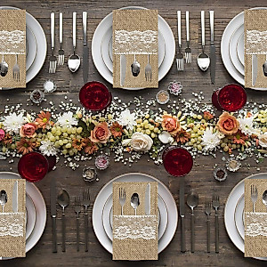 Wedding Cutlery Holders Pouch, Easter Decorations Natural Burlap Lace Utensil Napkin Holders Bag for Vintage Wedding, Party dinner, Thanksgiving banquet, Tableware Decorations (Lace, 12 Pack)