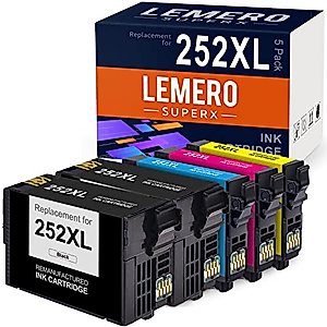 LemeroSuperx Remanufactured Ink Cartridges Replacement for Epson 252 252XL Work for Workforce WF-7720 WF-7710 WF-3620 WF-3640 WF-7210 Printer (Black Cyan Magenta Yellow, 5 Combo Pack)