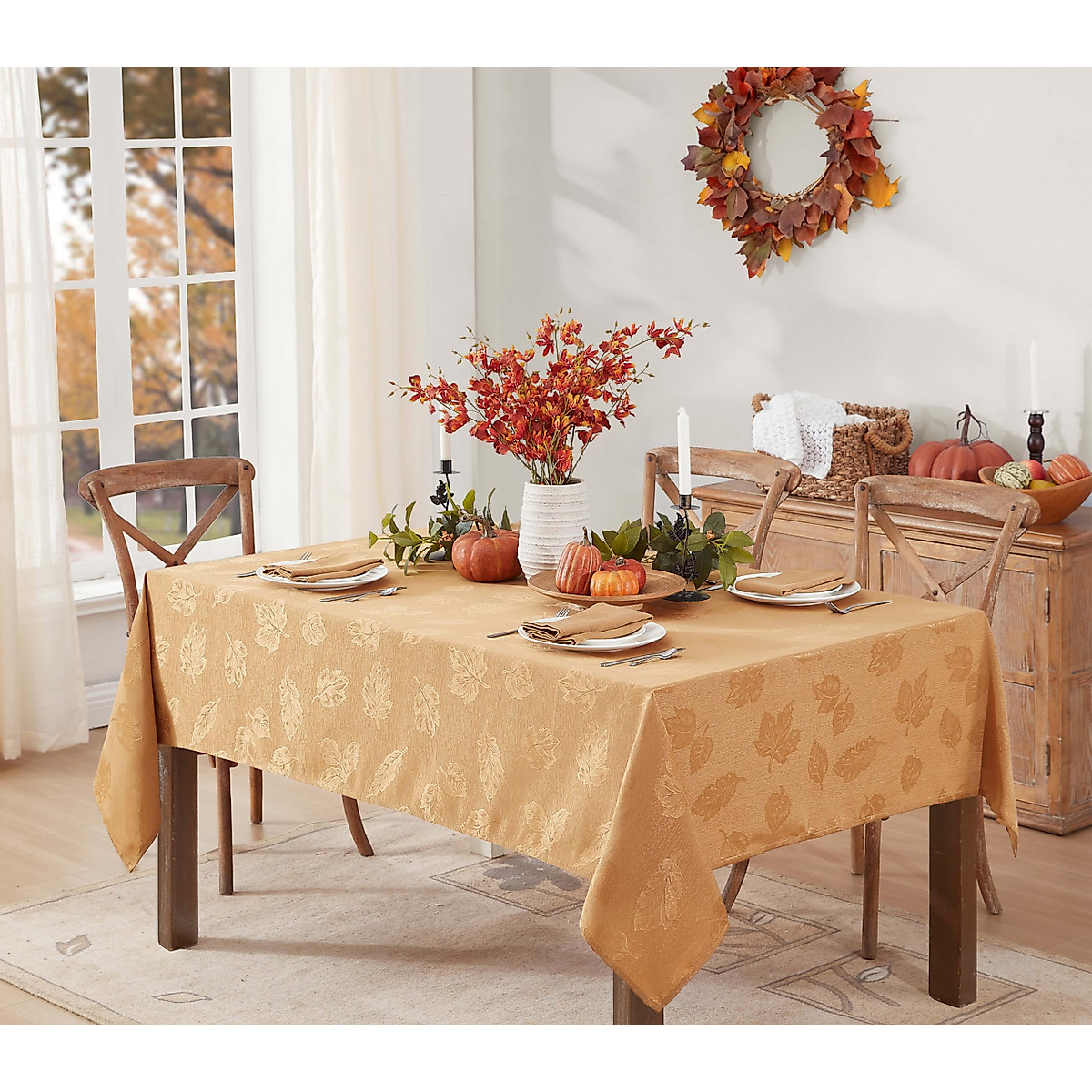Newbridge Tremont Leaf Damask, Fabric Tablecloth, Swirling Leaves Damask, Print, Soil Resistant, Easy Care Tablecloth, 60 Inch x 144 Inch Rectangle, Gold