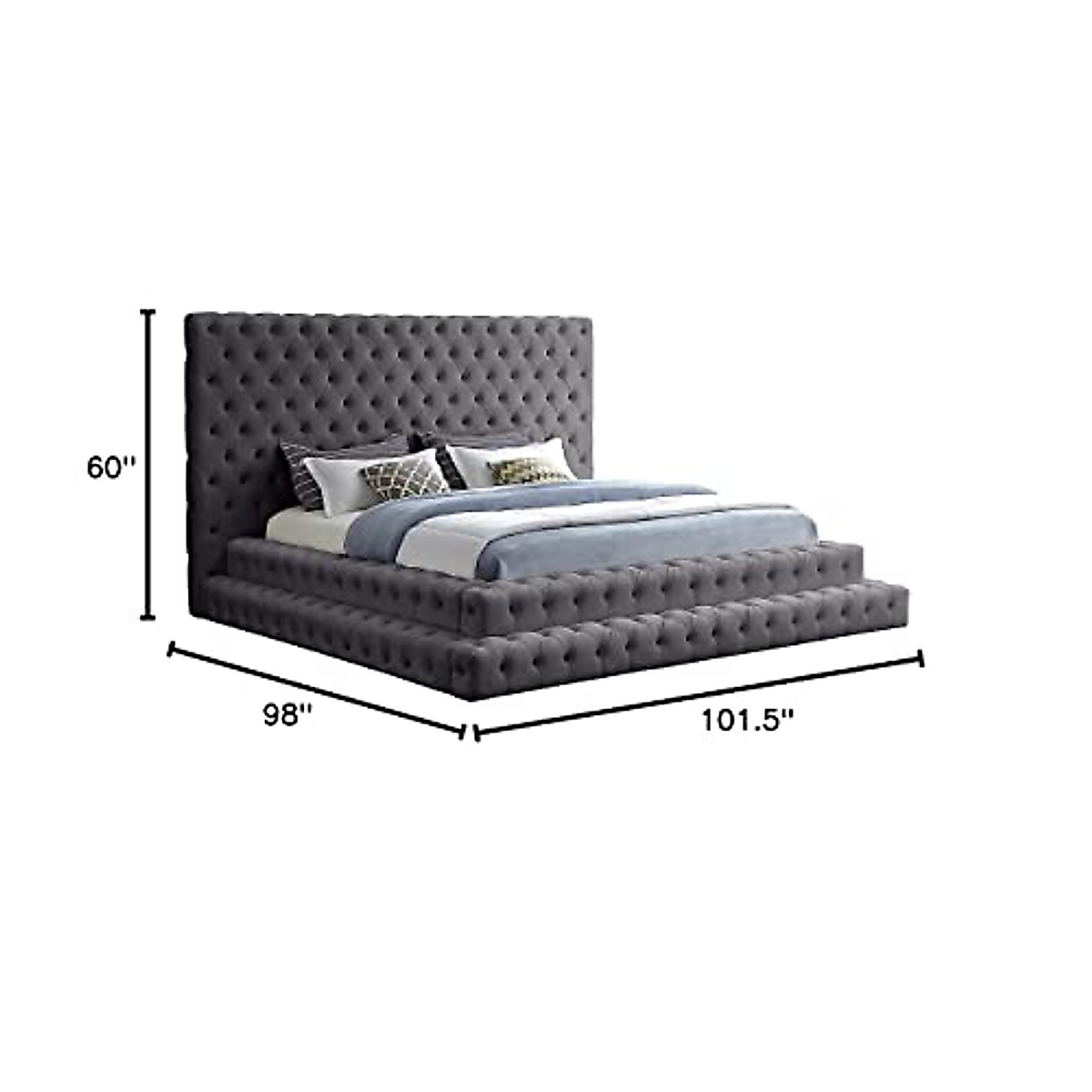 Meridian Furniture Revel Collection Velvet Upholstered Bed with Deep Button Tufting, King, Grey