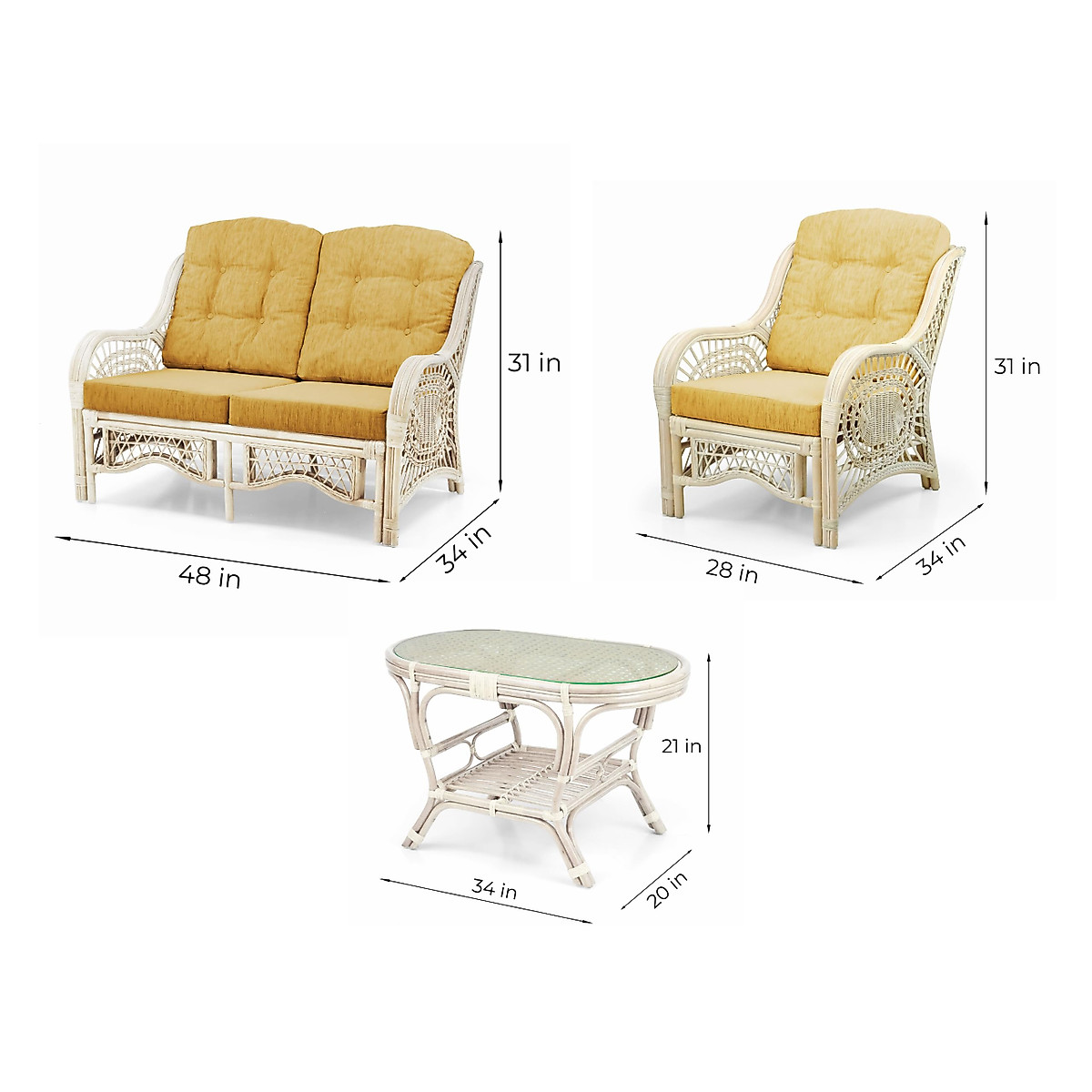 Malibu Lounge Set of 4: 2 Natural Rattan Wicker Chairs, Loveseat with Light Brown Cushions and Coffee Table w/Glass Handmade, White Wash