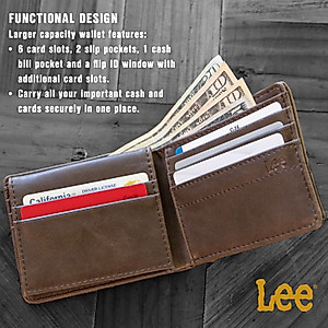 Lee Men’s Bifold Extra Capacity Wallet Casual Everyday Minimalist Cash and Card Holder with Flip ID Window Pass Case (Brown)