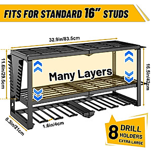jsyonii Power Tool Organizer Wall Mount - 8 Drill Holder Wall Mount, 3 Layers Garage Tool Organizer Wall Mount, Heavy Duty Power Tool Rack, Cordless Tool Organizer, Utility Racks Shelf for Garage