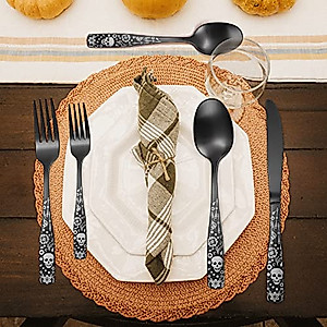OIULO Pattern Matte Silverware Set for 8,40-Piece Gothic Matte Black Flatware set,Unique Pattern Design,Satin Finish Cutlery for 8,Halloween Skull Tableware Utensils for Kitchen Square