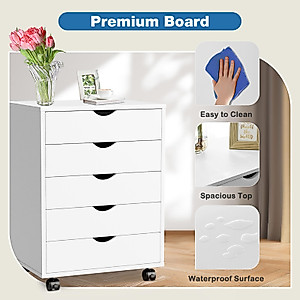OLIXIS 5 Drawer Chest Wood File Cabinet Rolling Storage Dresser with Wheels for Home Office, White