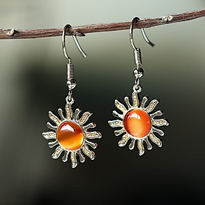 14K Gold Sun Drop Dangle Earrings for Women Unique Orange Carnelian Hippie Earrings Crystal Sun Jewelry Gifts (Sun Earrings)