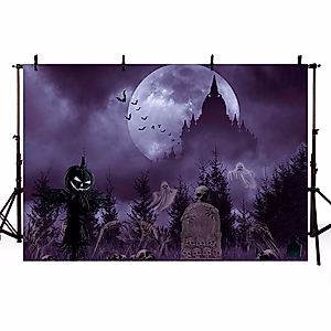 MEHOFOND 7x5ft Halloween Photography Backdrop Misty Forest Haunted House Decoration Purple Scarecrow Dark and Spooky Party Supplies Photography Background Zombie Themed Party Skeleton Prop