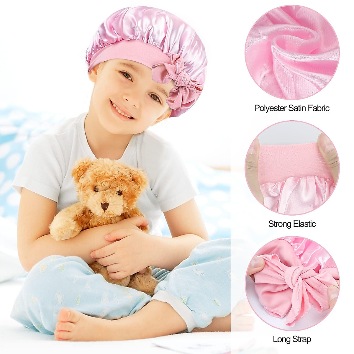 Arqumi Pack of 2 Satin Sleeping Bonnet for Kids, Soft Satin Sleep Bonnet with Elastic Strap, Adjustable Sleep Cap Hair Bonnet for Children, Pink+Purple