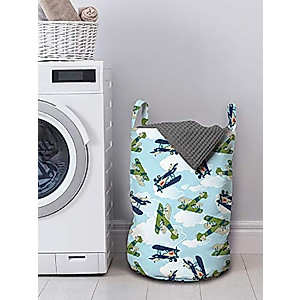 Lunarable Airplane Laundry Bag, Vintage Allied Plane Flying Pattern Cartoon Shark Teeth, Hamper Basket with Handles Drawstring Closure for Laundromats, 13" x 19", Blue White Olive Green