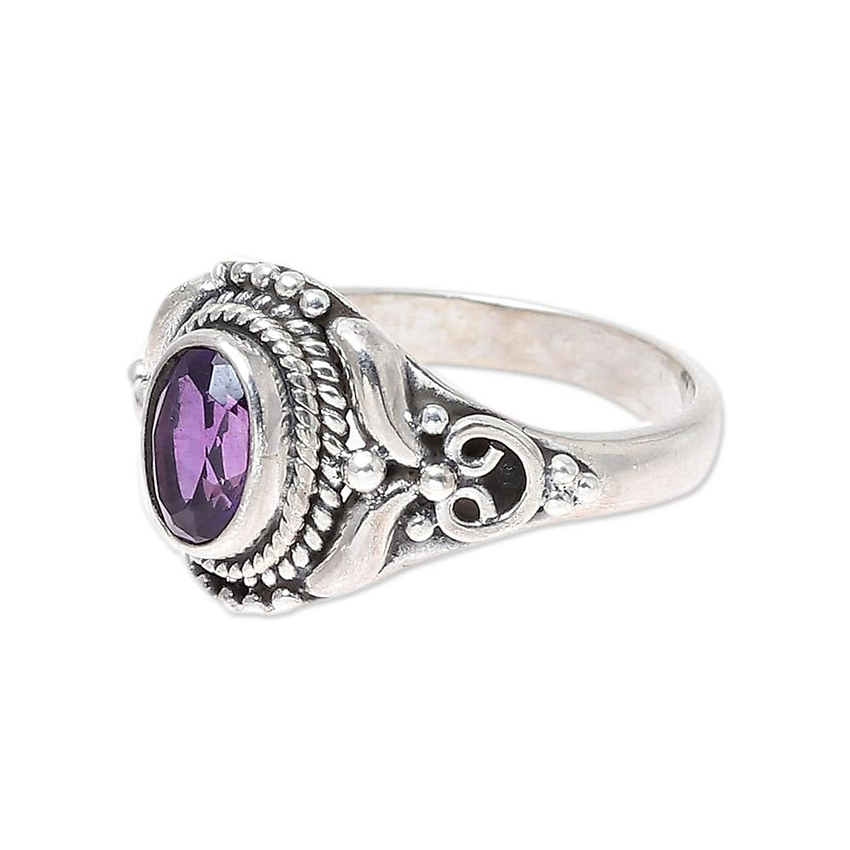 NOVICA Artisan Handmade Amethyst Cocktail Ring Traditional from India Sterling Silver Red Single Stone Marsala Birthstone [ring Front 0.5 in L x 0.4 in W x 0.2 in H Band Width 3 mm W] ' Traditional
