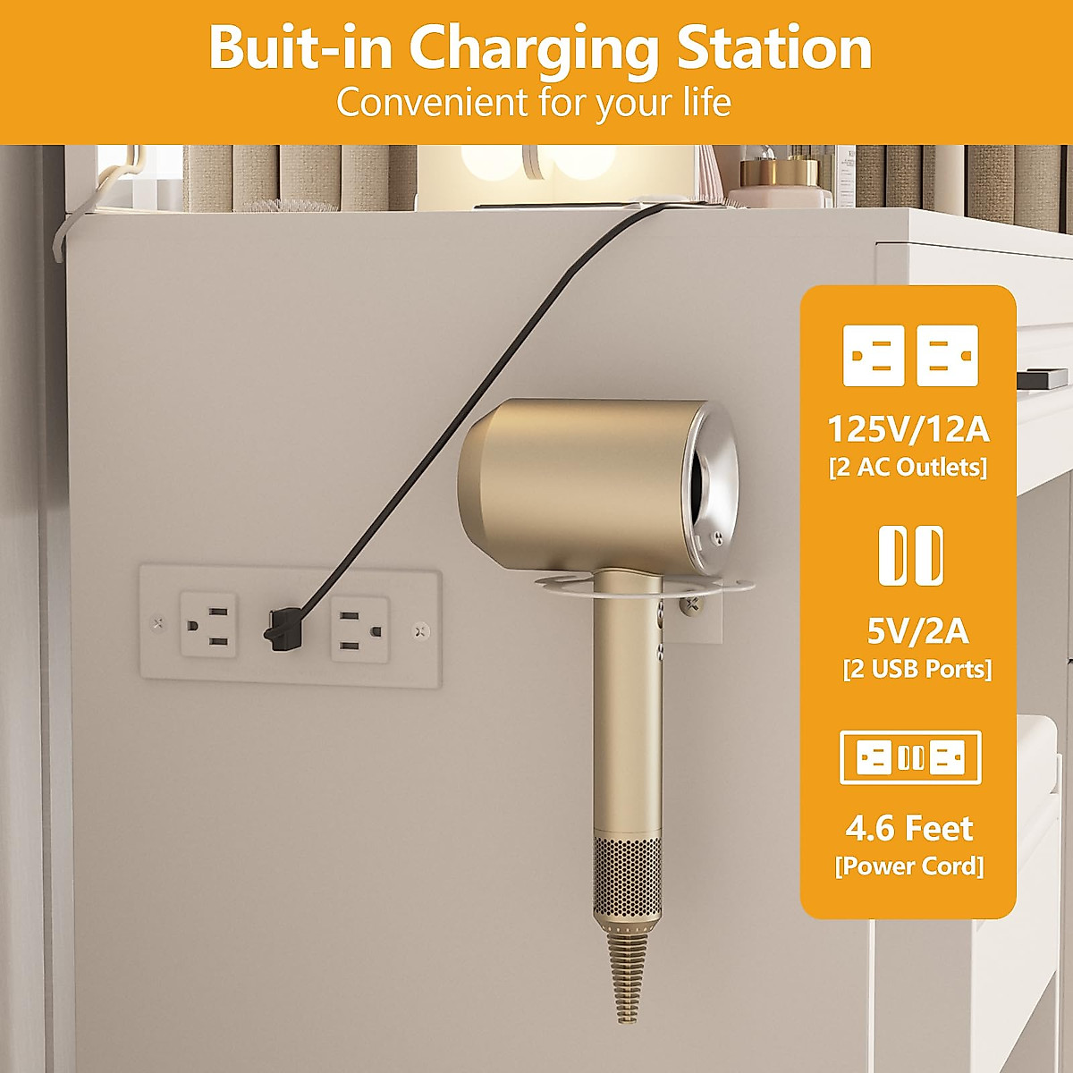 Fameill Vanity Desk with Lighted Mirror & Power Strip,Large Vanity Table with Glass top and Lots Storage,3 Drawer Makeup Desk with Hair Dryer Stand,3 Lighting Modes,White