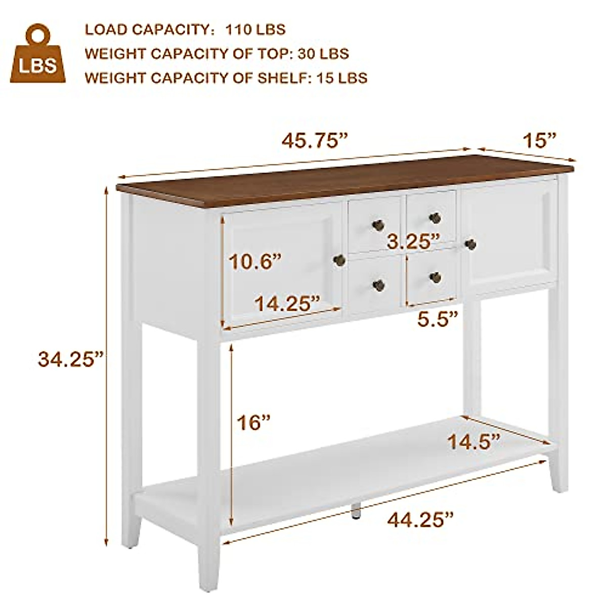GOOD & GRACIOUS Buffet Sideboard Console Cabinet Narrow Wooden Kitchen Sideboard Table with Bottom Shelf and Storage Drawers White