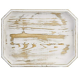 MyGift Shabby White Washed Solid Wood Large Serving Breakfast Tray with Cut-out Handles and Angled Edges, Decorative Ottoman Coffee Table Server Tray Platter, 16 x 12 inch