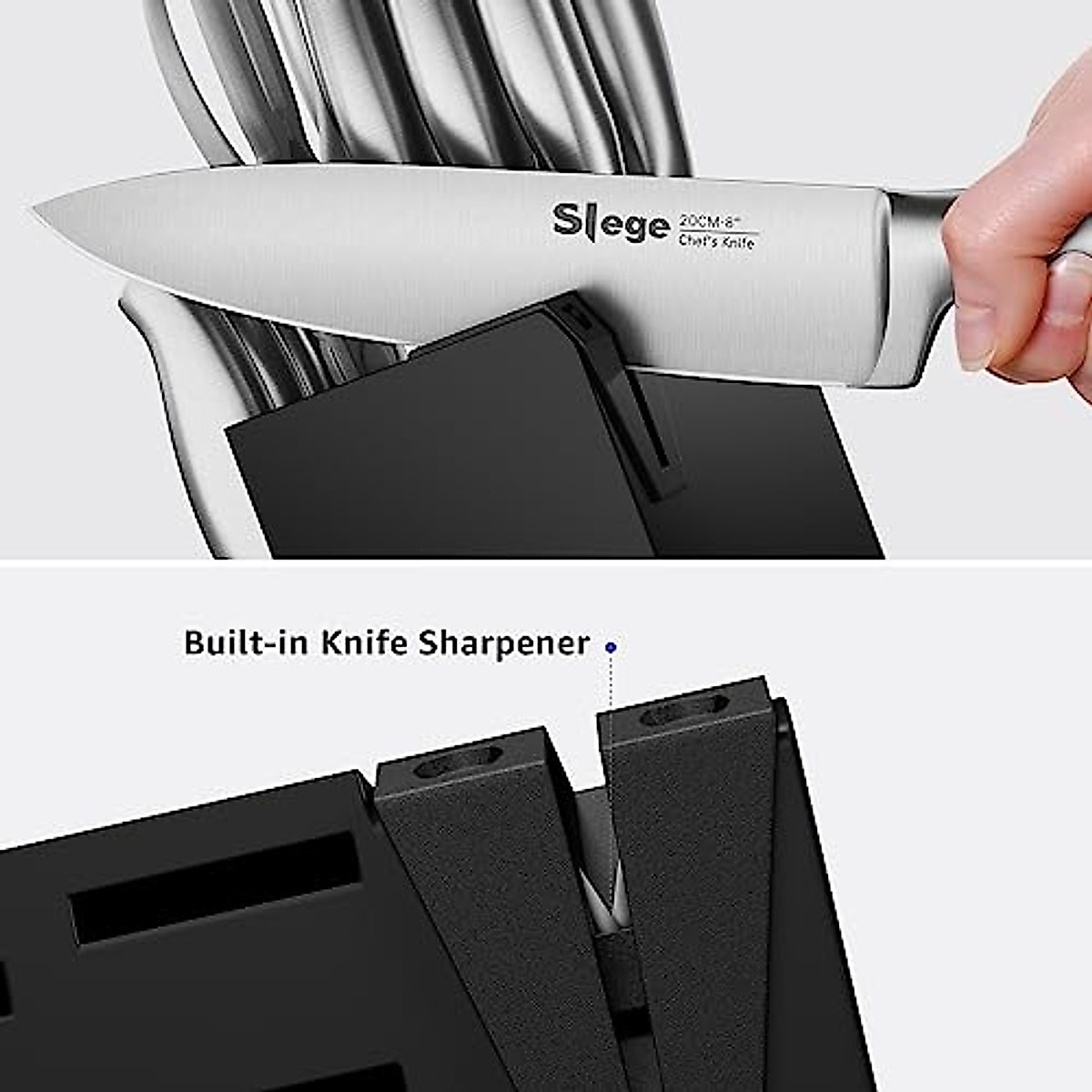 Slege 15pcs Kitchen Knife Set with Built-in Sharpener, One-Piece Design, Stainless Steel Kitchen Knives - Frosted Silver
