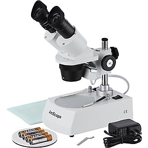 AmScope SE305R-P-LED Forward-Mounted Binocular Stereo Microscope, WF10x Eyepieces, 10X and 30X Magnification, 1X and 3X Objectives, Upper and Lower LED Lighting, Reversible Black/White Stage Plate, Pillar Stand, 120V or Battery-Powered