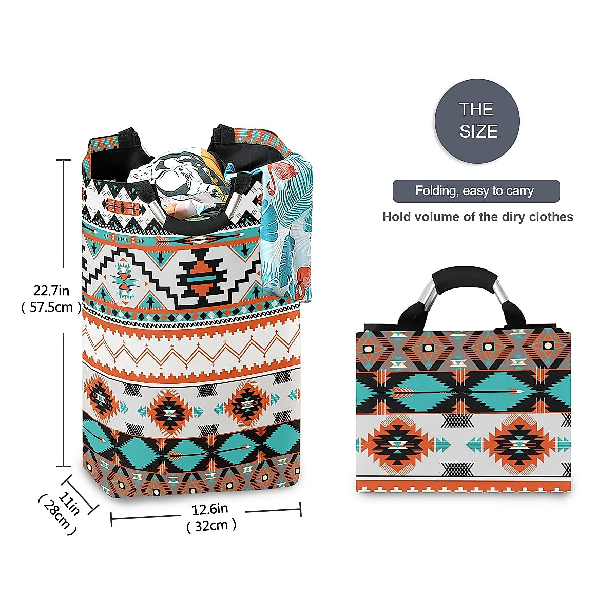 Aztec Ethnic Large Laundry Hamper, Boho Chevron Laundry Baskets with Handle, Oxford Storage Basket, Portable Folding Clothes Hamper for Nursery, College Dorm, Bedroon, Bathroom