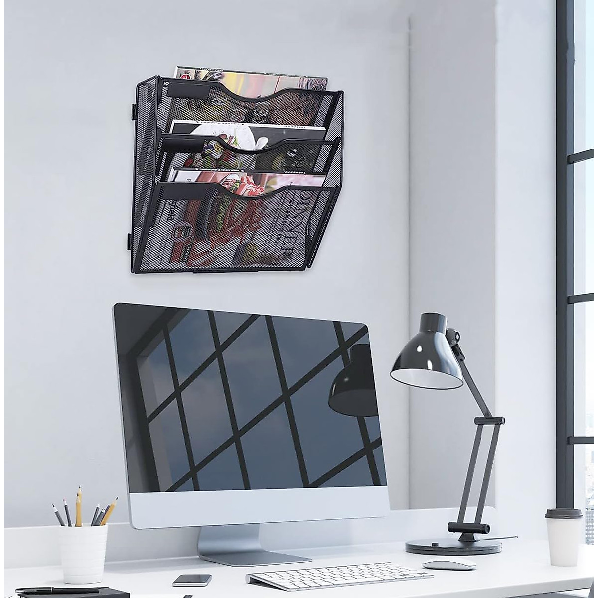 superbpag Hanging Wall File Organizer 3 Pocket, Wall Mounted Mail Document Holder Paper Storage Rack, Wall Organization for Office Home Classroom, Black