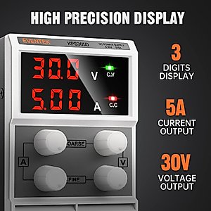 DC Power Supply Variable(0-30 V 0-5 A), Eventek KPS305D Adjustable Switching Regulated Power Supply Digital, with Alligator Leads US Power Cord