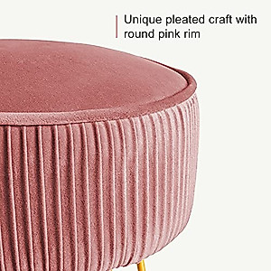 LUE BONA Mid Century Modern Velvet Upholstered Pleated Round Footrest Stool Ottoman with Metal Legs, Home Multifunctional Luxury Ottoman Suitable for Living Room and Bedroom