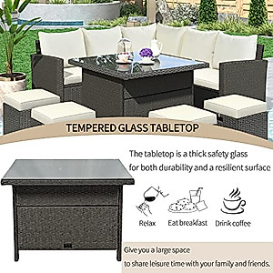 DHHU Patio Furniture, 8 Piece Weather Brown Wicker Sectional Sofa, Outdoor Conversation Set, Dining Table Chair with Ottoman, Cushions, Beige