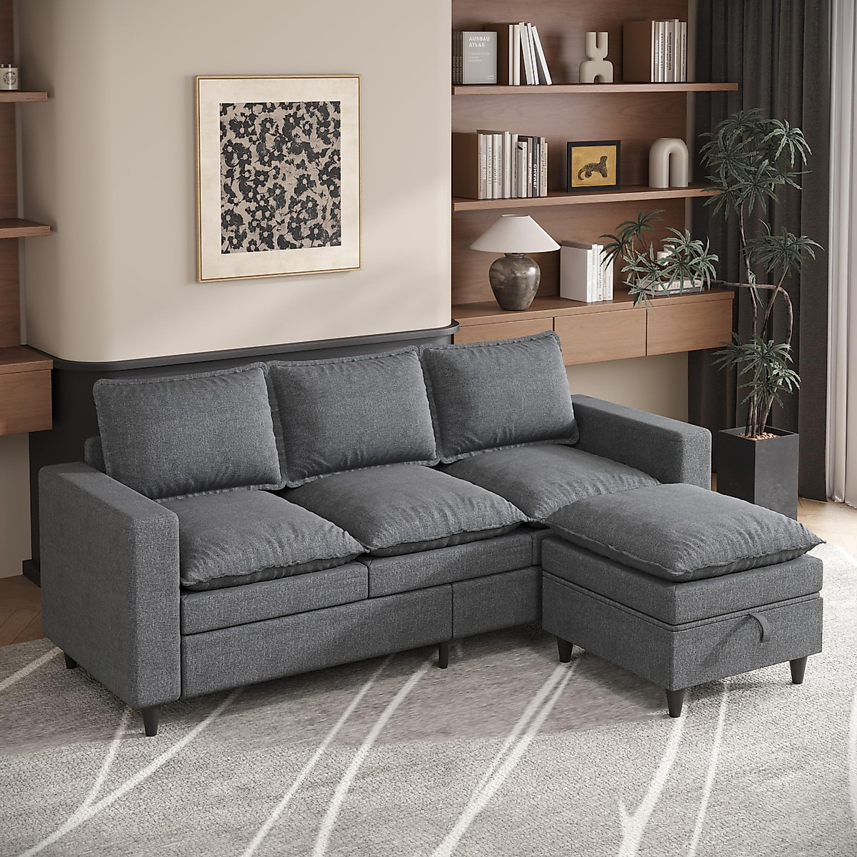 Convertible Sectional Sofa Couch for Living Room, L-Shaped Comfy Cloud Sofa, Removable Storage Ottoman, Small Sofa for Apartment/Living Room (Dark Grey)