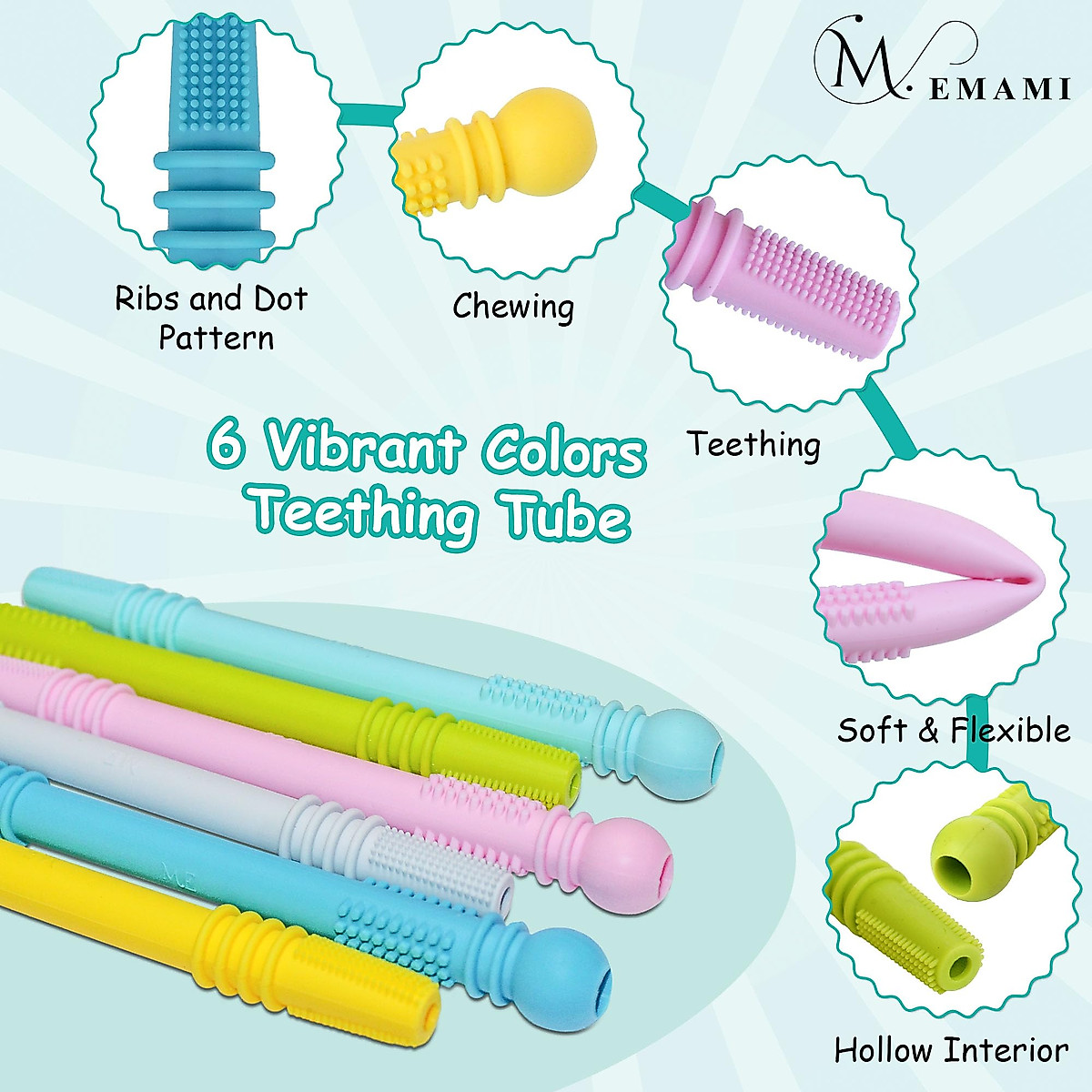 M. Emami Baby Teething Toy - Pack of 6 Hollow Teething Sticks with 2 Cleaning Brushes - 100% Food Grade Silicone, BPA Free, and Dishwasher Safe - 6 Vibrant Colors for 6-18 Months Babies