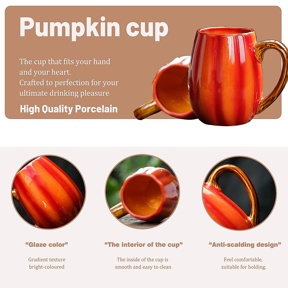 Artceramic Pumpkin Mugs, Ceramic Coffee Mugs and Tea Mug, Novelty Orange Ceramic Pumpkin Shaped Cup, Halloween, Thanksgiving, Christmas, Birthday Gifts,1PC