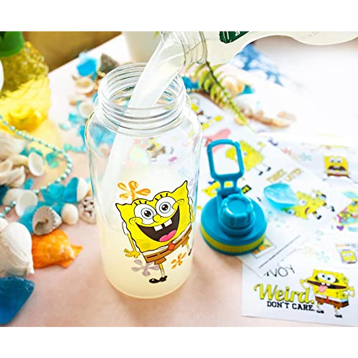 Silver Buffalo SpongeBob SquarePants Happy Laugh Flowers 32-Ounce Twist Spout Water Bottle And Sticker Set | BPA-Free Plastic Sports Jug