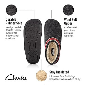 Clarks Womens Wool Felt Clog Slippers Warm Cozy Indoor Outdoor Faux Plush Soft Fur Lined Slipper for Women (Charcoal, 7 M US)