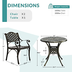 MEETWARM 3 Piece Patio Bistro Set, Outdoor All-Weather Cast Aluminum Dining Furniture Set Includes 2 Chairs and a 31” Round Table with Umbrella Hole for Garden Deck
