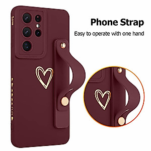 Fiyart Designed for Samsung Galaxy S21 Ultra Case with Phone Stand Holder Cute Love Hearts Protective Camera Protection Cover with Wrist Strap for Women Girls for Galaxy S21 Ultra 6.8"-Wine Red