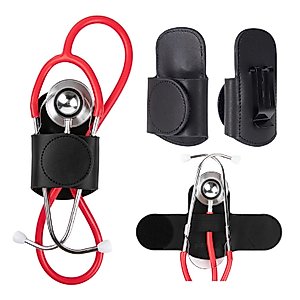 Stethoscope Holder Hip Clip | Genuine Leather Elastic Strap Stethoscope Clip for Nurses, Doctors, & More | Black Stethoscope Cover Sleeve | Stethoscope Case | Stethoscope Accessories